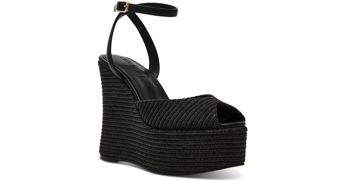 Steve Madden Wanona Raffia Wedge Sandals in Black | Lyst