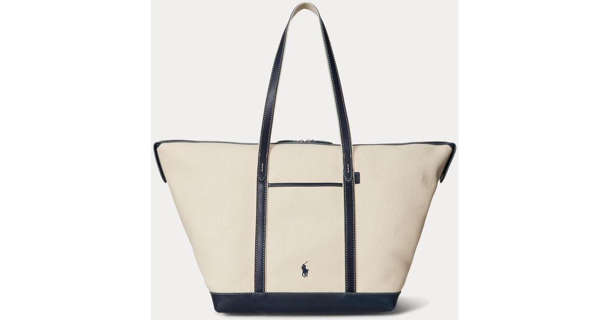 Polo Ralph Lauren Leather-trim Canvas Large Shopper Tote in White | Lyst