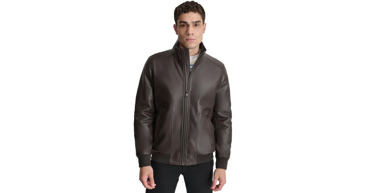 DKNY Smooth Faux-leather Bomber Jacket in Brown for Men | Lyst
