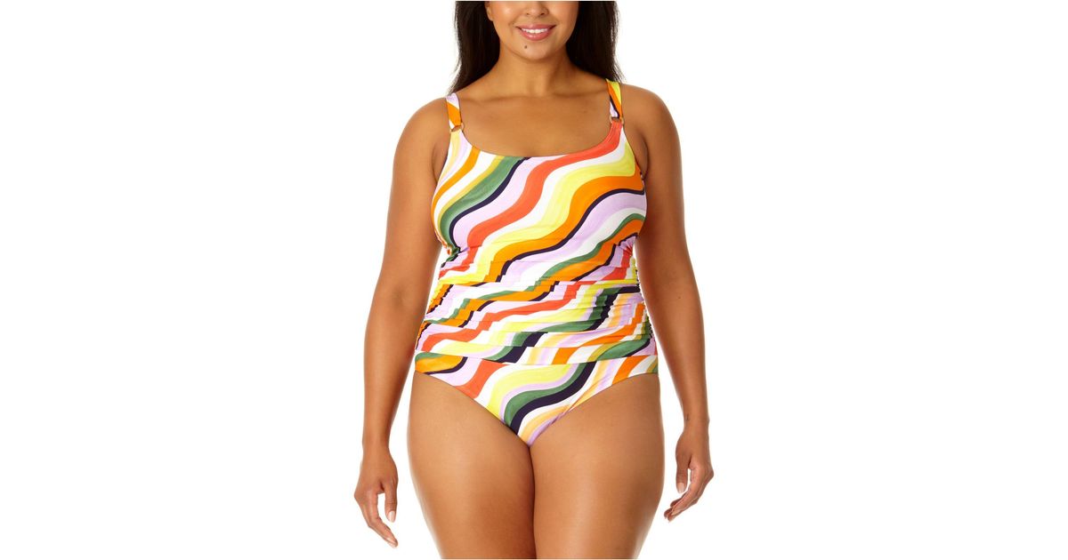 Anne Cole Plus Size Shirred Scoop Neck One Piece Swimsuit In Orange Lyst