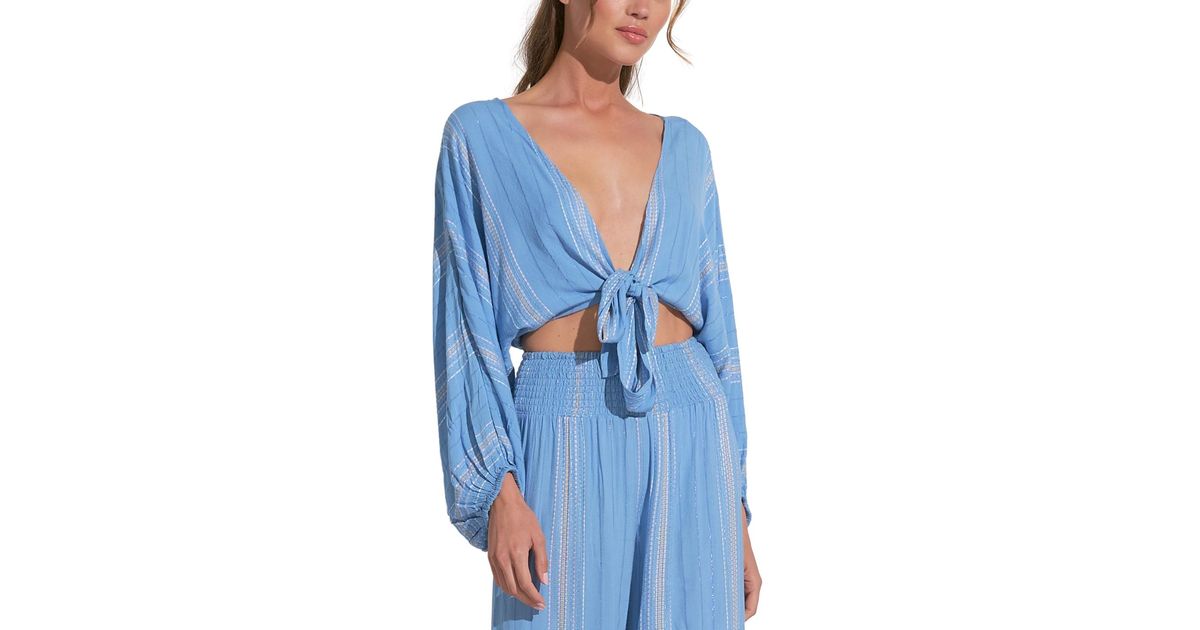 Elan Striped Tie-front Long-sleeve Top in Blue | Lyst