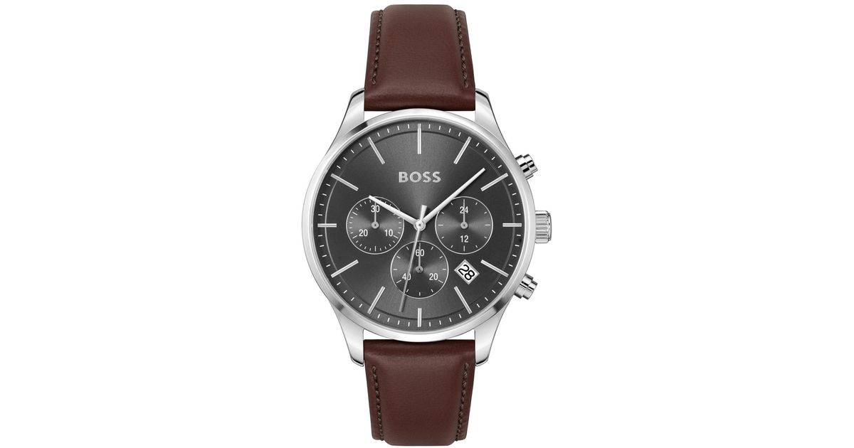 BOSS Chronograph Avery Brown Leather Strap Watch 42mm in Gray for Men ...