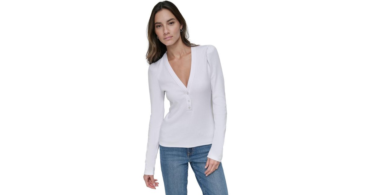 DKNY Petite Puffed-shoulder Knit Top in White | Lyst