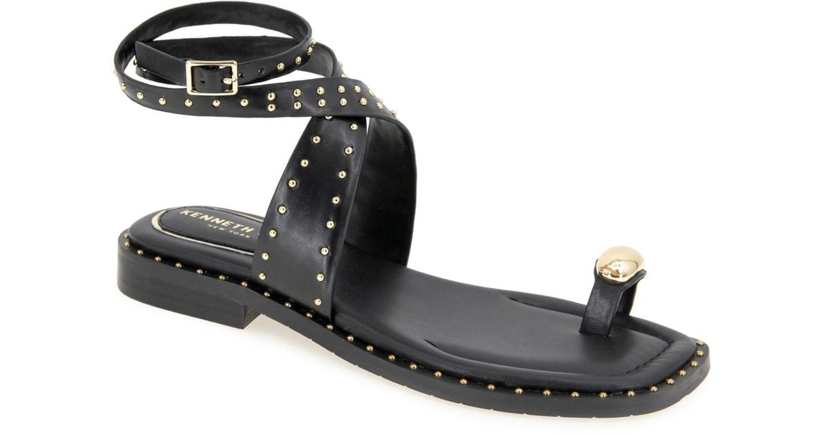 Kenneth Cole Ravenn Square Toe Flat Sandals in Black | Lyst