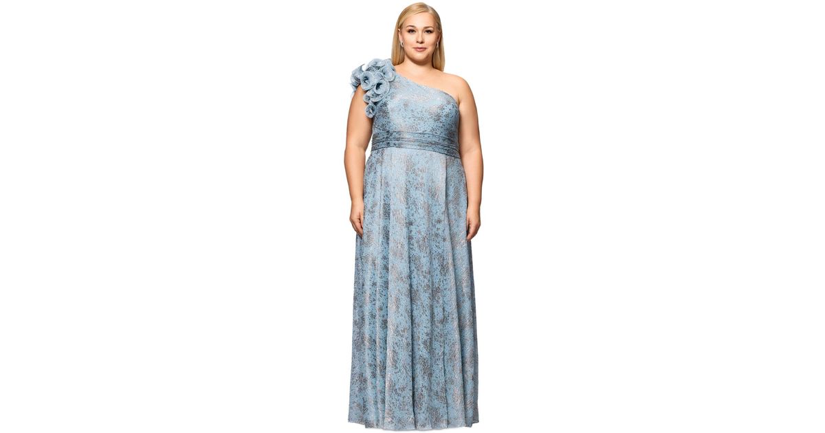 Xscape Plus Size Micro-pleat One-shoulder Gown in Blue | Lyst