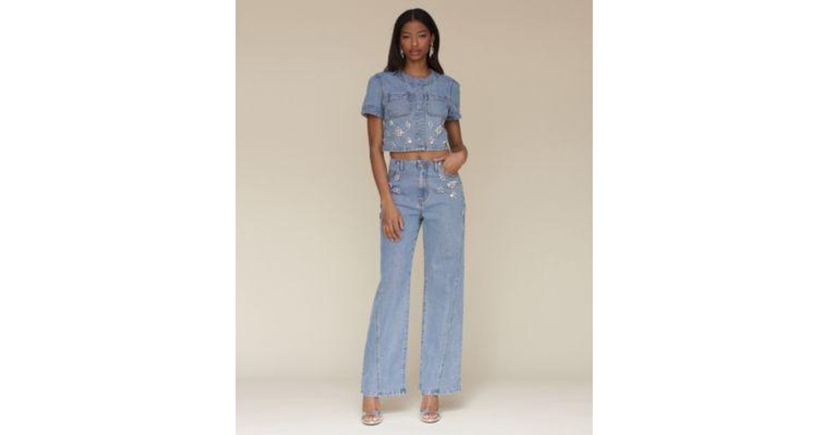 Avec Les Filles Rhinestone Trim Short Sleeve Denim Top Rhinestone Trim ...