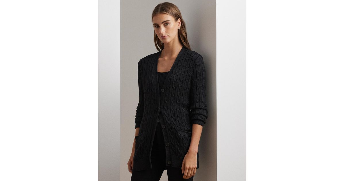 Ralph Lauren Metallic Cable-knit Cardigan in Black | Lyst