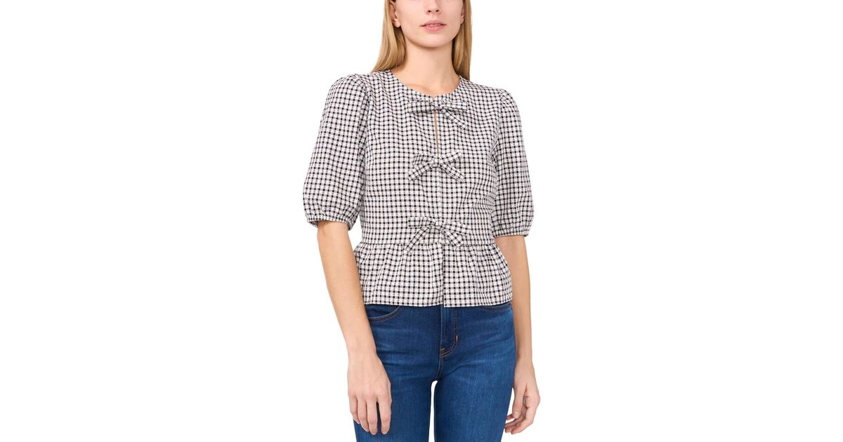 Cece Gingham Bow-front Peplum Top in Gray | Lyst