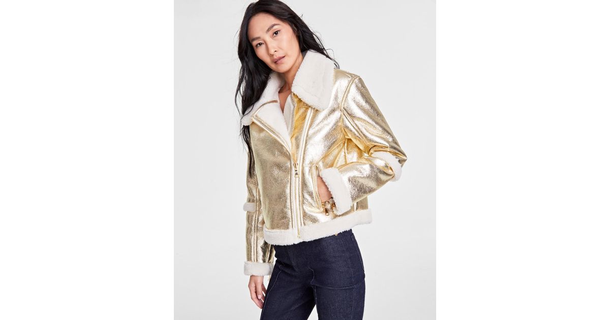 INC International Concepts Cropped Metallic Aviator Jacket in White | Lyst