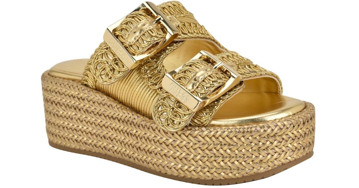 Guess Binks Double-buckle Woven Platform Wedge Sandals in Metallic | Lyst