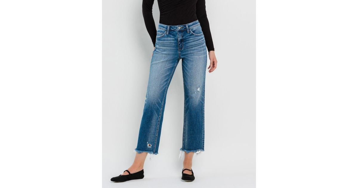 Flying Monkey High Rise Frayed Hem Crop Straight Jeans in Blue | Lyst