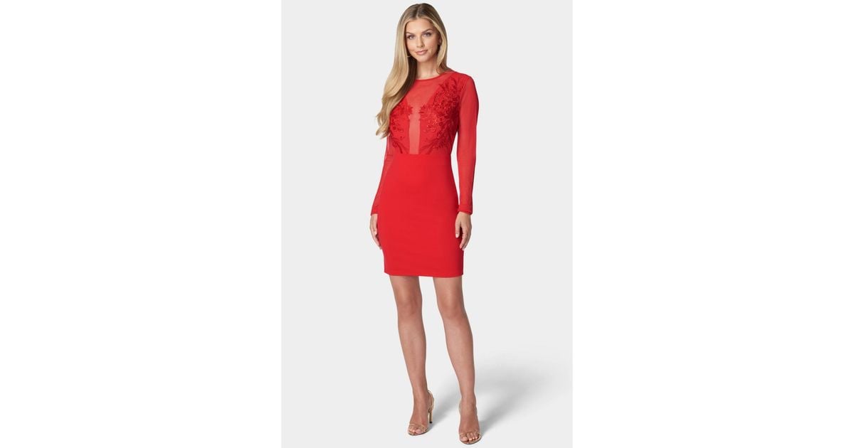 Bebe Lace Illusion Knit Dress in Red | Lyst