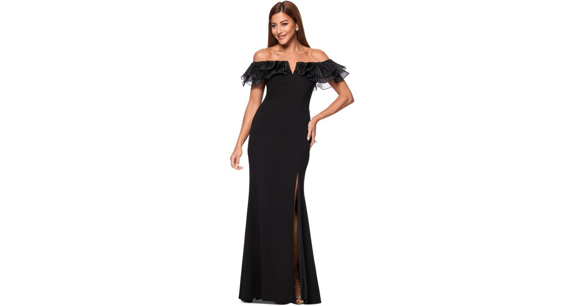 Xscape Ruffled Off-the-shoulder Side-slit Gown in Blue | Lyst