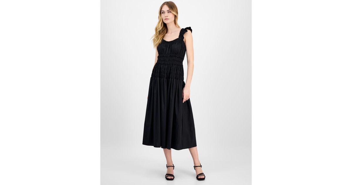 Anne Klein Smocked Ruffled-strap Midi Dress in Black | Lyst