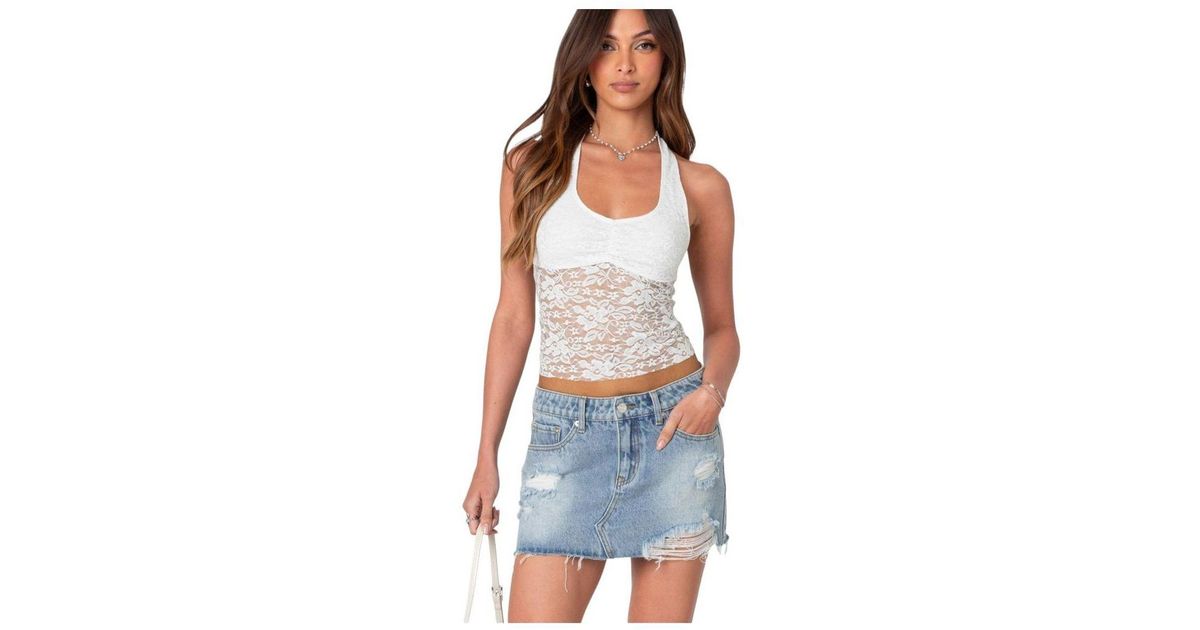 Edikted Tia Sheer Lace Halter Top in Blue | Lyst