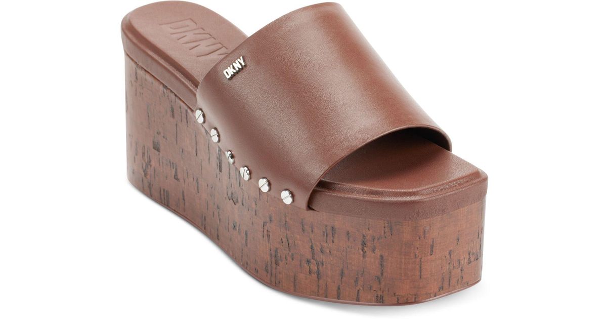 DKNY Alvy Studded Platform Wedge Slide Sandals in Brown | Lyst