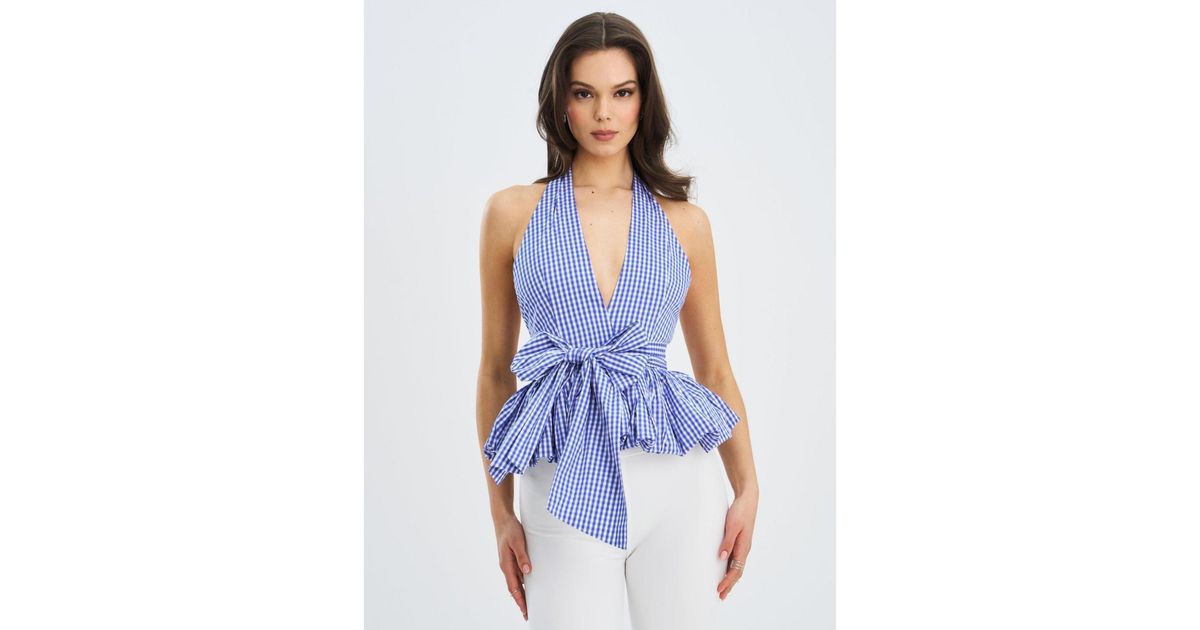 Miss Circle Ilene Blue And White Checkered Bubble Hem Halter Top | Lyst
