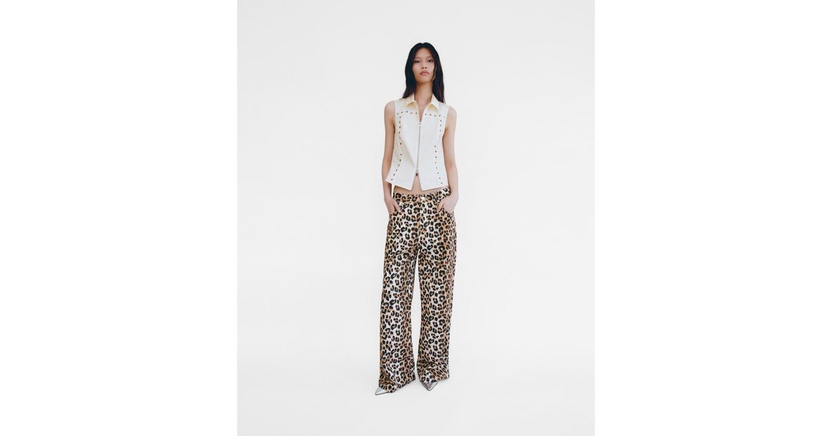 Mango Leopard-print Wide Leg Jeans in White | Lyst