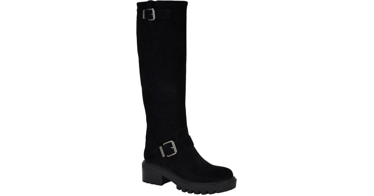 Guess Lenni Knee High Suede Lug Sole Buckle Riding Boots in Black | Lyst