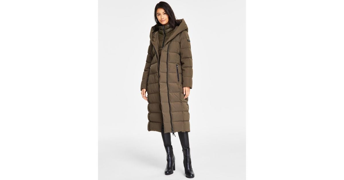 DKNY Bibbed Shawl Collar Hooded Puffer Coat in Green | Lyst