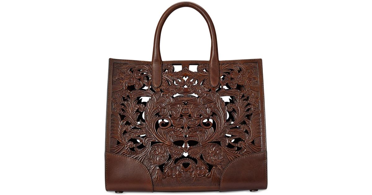 Ralph Lauren Tooled Leather Medium Devyn Tote Bag in Brown | Lyst