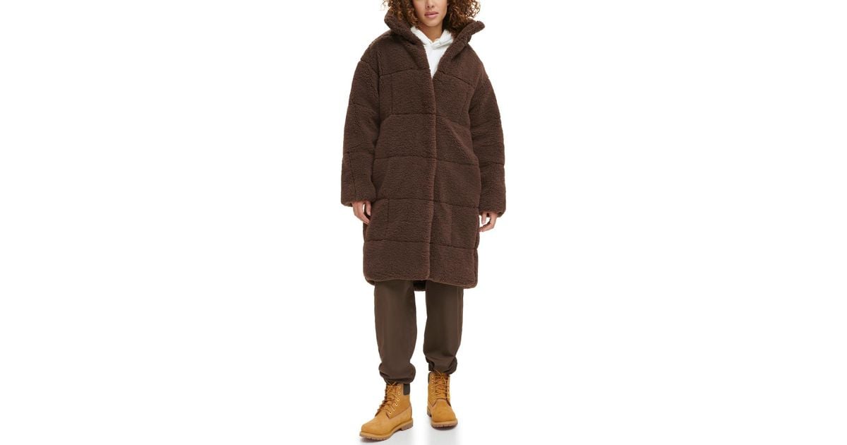 Levi's Long Sherpa Snap-closure Teddy Coat in Brown | Lyst