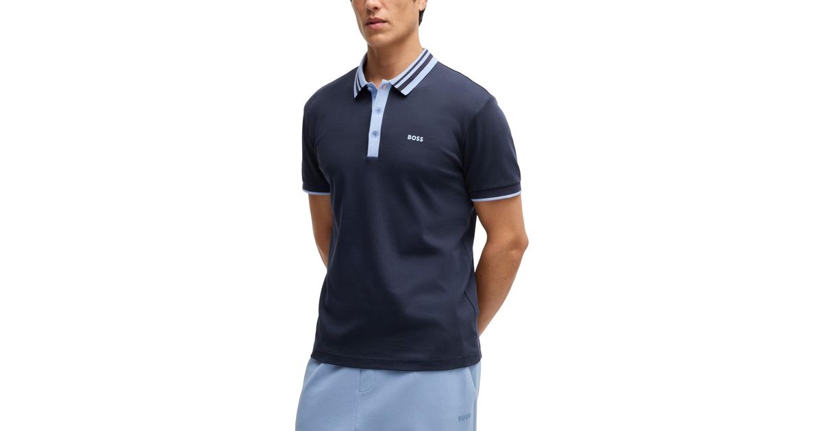 BOSS Boss By Slim-fit Striped-collar Polo in Blue for Men | Lyst