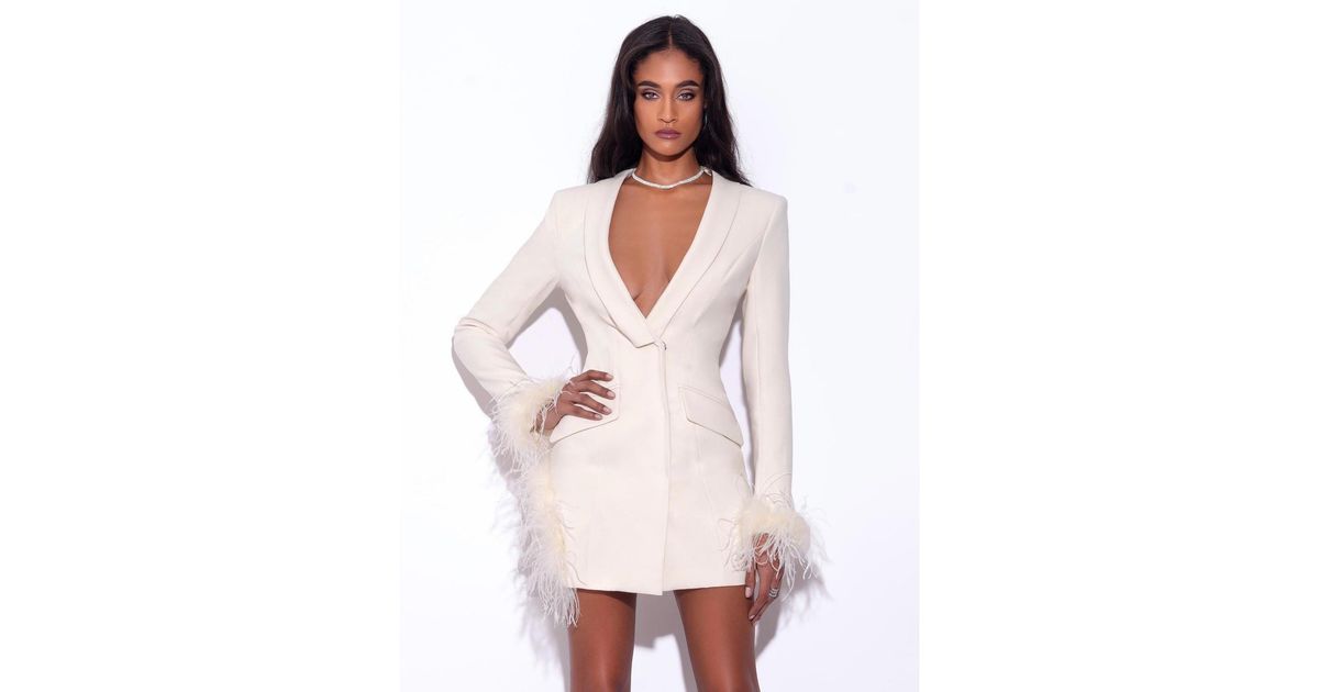 Miss Circle Madeline Pearl Feather Trim Blazer Dress in White | Lyst