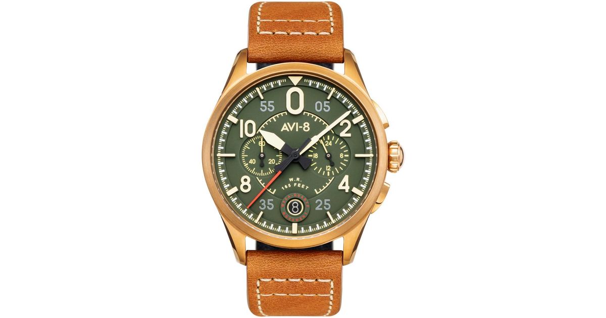 AVI-8 Spitfire Lock Chronograph Brown Leather Strap Watch in Metallic ...