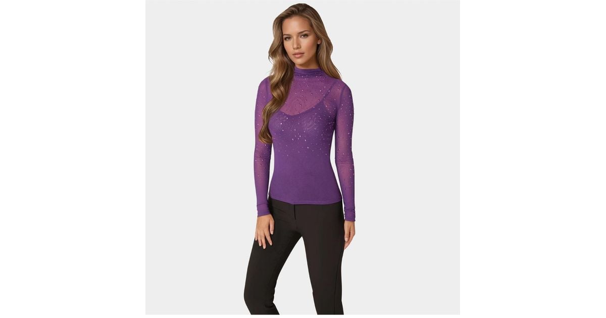 Bebe Rhinestone Embellished Mesh Top & Cami in Purple | Lyst