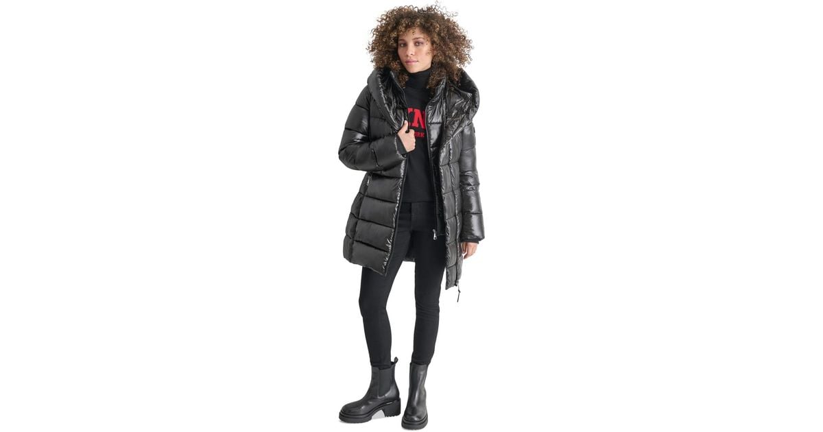 DKNY Bibbed Shawl-collar Packable Shine Puffer Coat in Black | Lyst