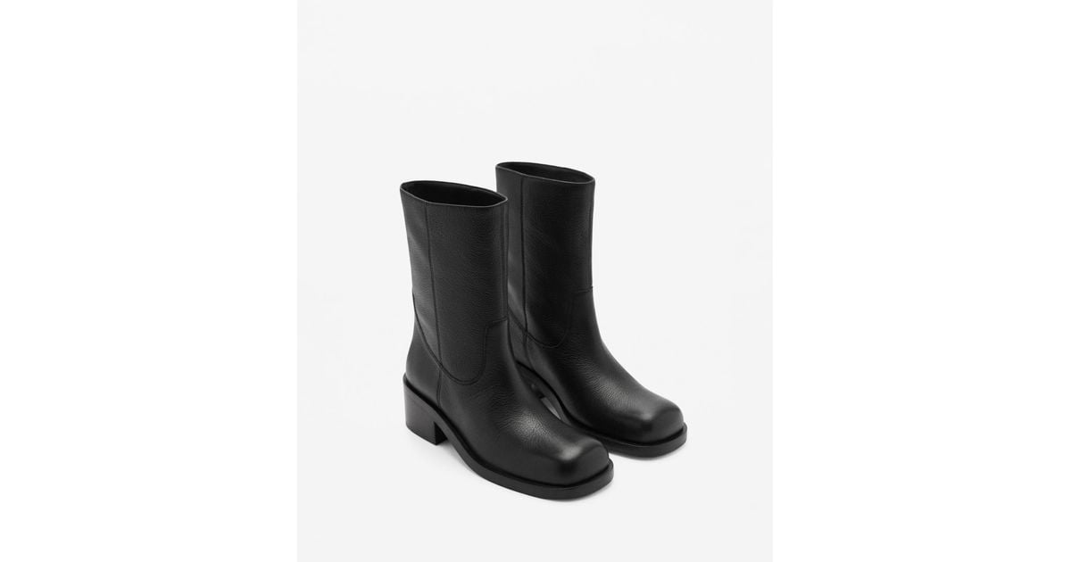 Mango Leather Square Toe Boots in Black | Lyst