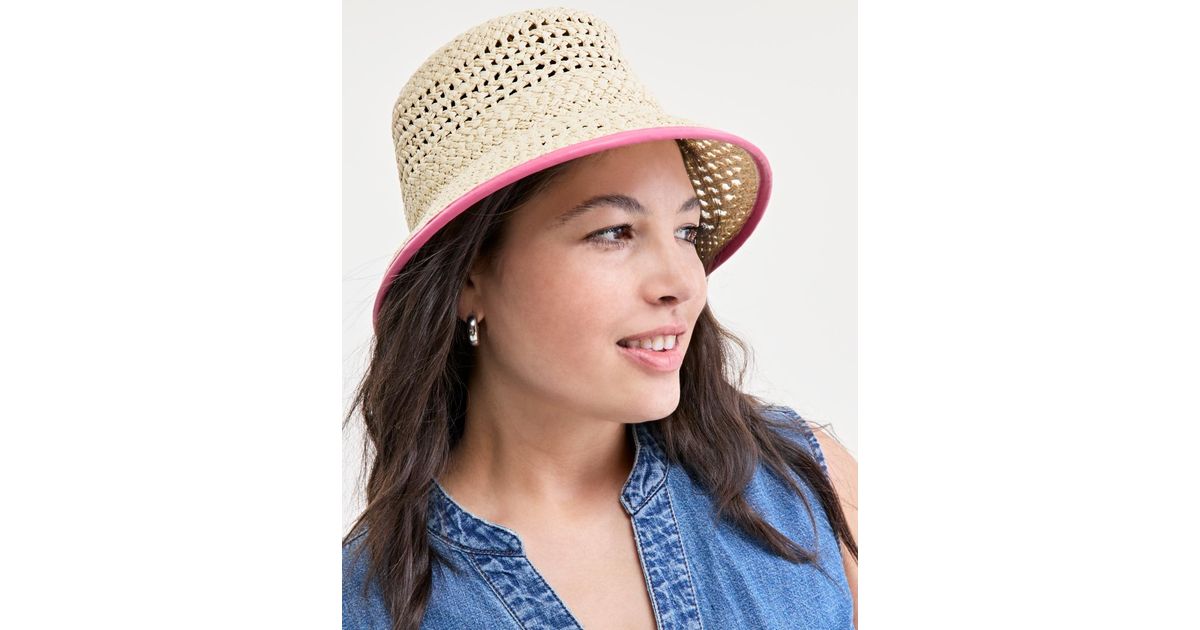On 34th Faux-leather-trim Straw Bucket Hat in Blue | Lyst