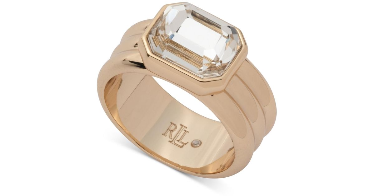 Ralph Lauren Gold-tone Crystal Stone Ribbed Ring in Natural | Lyst