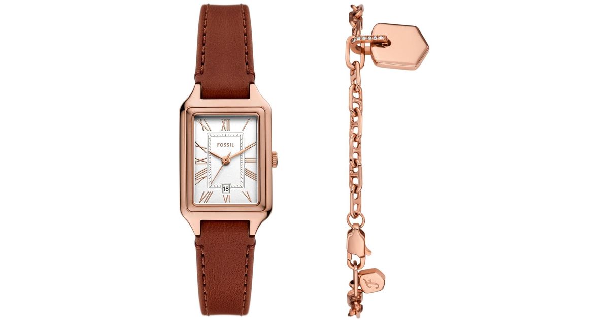 Fossil Raquel Three-hand Date Red Leather/rose Gold Watch And Bracelet ...