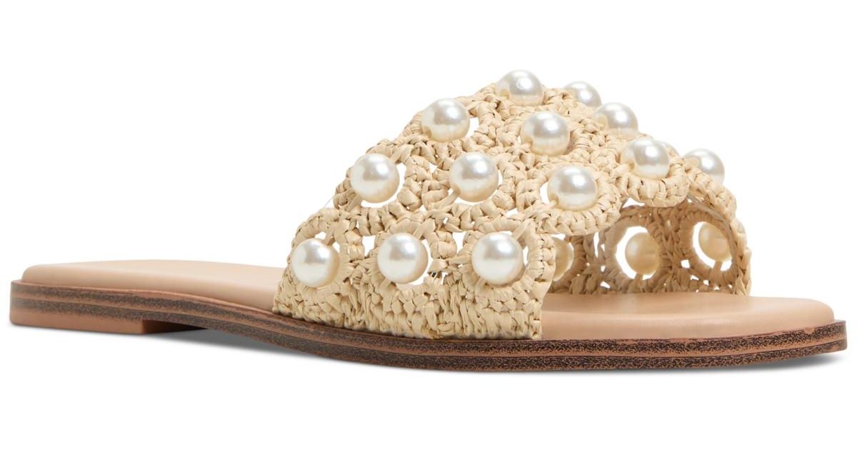 ALDO Gizelle Pearl Embellished Flat Slide Sandals in White | Lyst