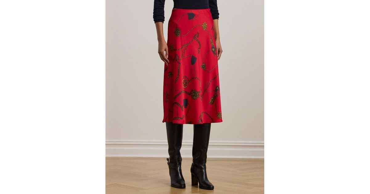 Ralph Lauren Belting-print Satin Charmeuse Midi Skirt in Red | Lyst