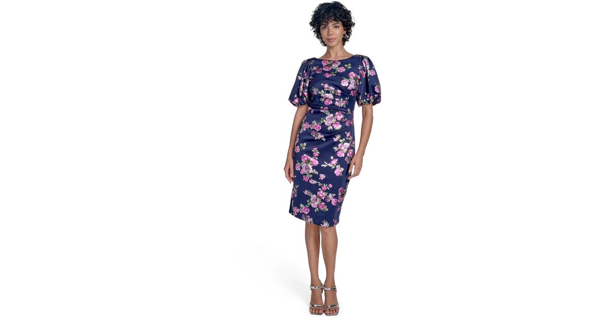 Jessica Howard Floral-print Puff-sleeve Sheath Dress in Blue | Lyst