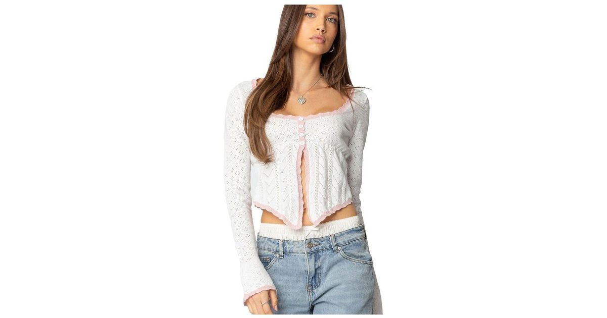 Edikted Abbie Split Front Pointelle Top in White | Lyst