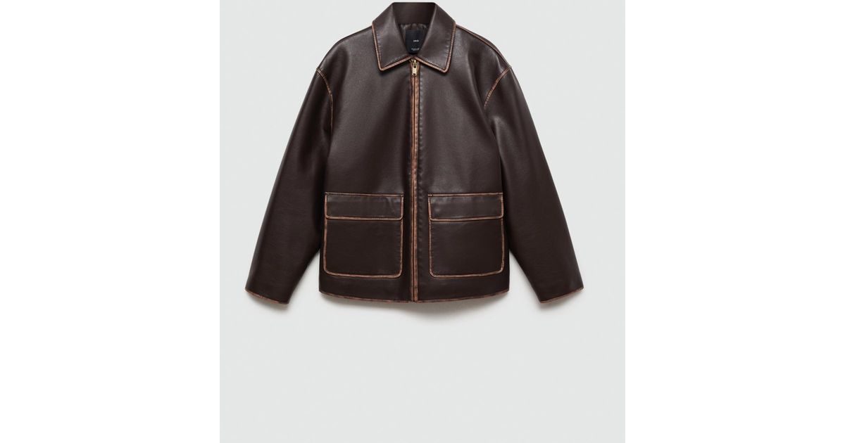 Mango Contrast Stitching Leather Effect Jacket in Brown | Lyst