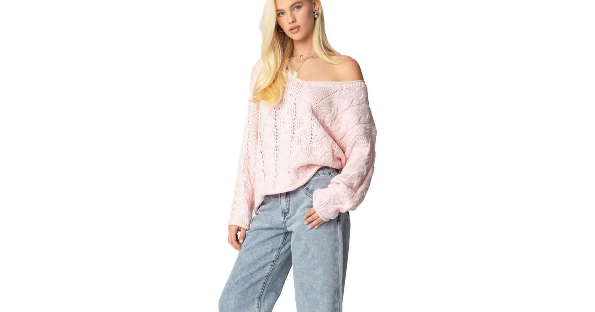 Edikted Inga Oversized Cable Knit Sweater in Pink | Lyst