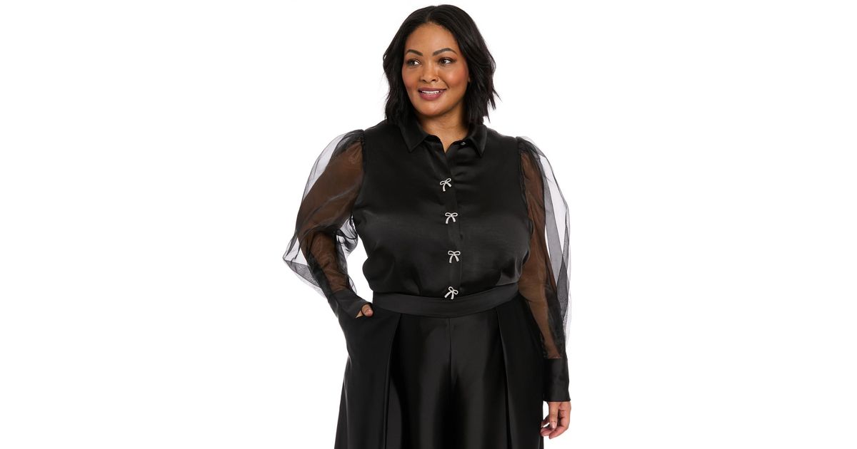Muse Plus Size Bow-trim Bishop-sleeve Blouse in Black | Lyst