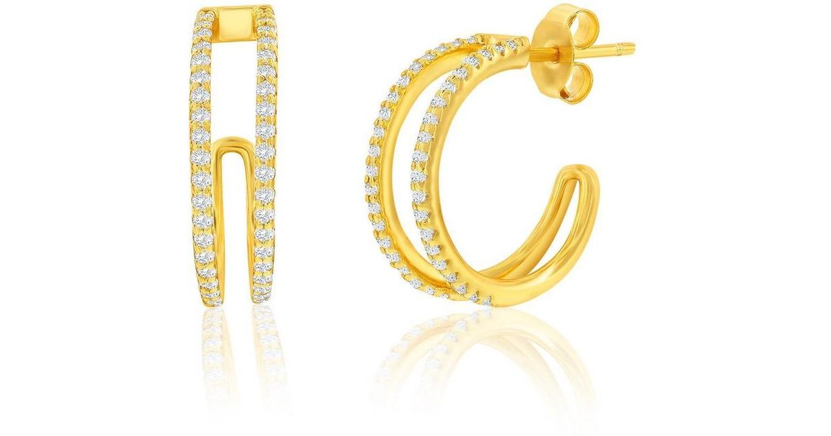 Simona Sterling Silver Double Cz Row Half Hoop Earrings in Metallic | Lyst