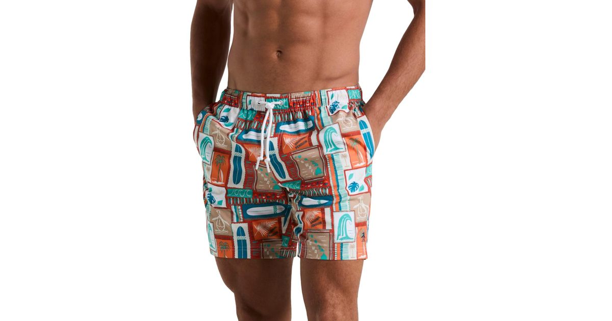 Original Penguin Slim Fit Surf Print Drawstring 7" Swim Trunks in Blue ...
