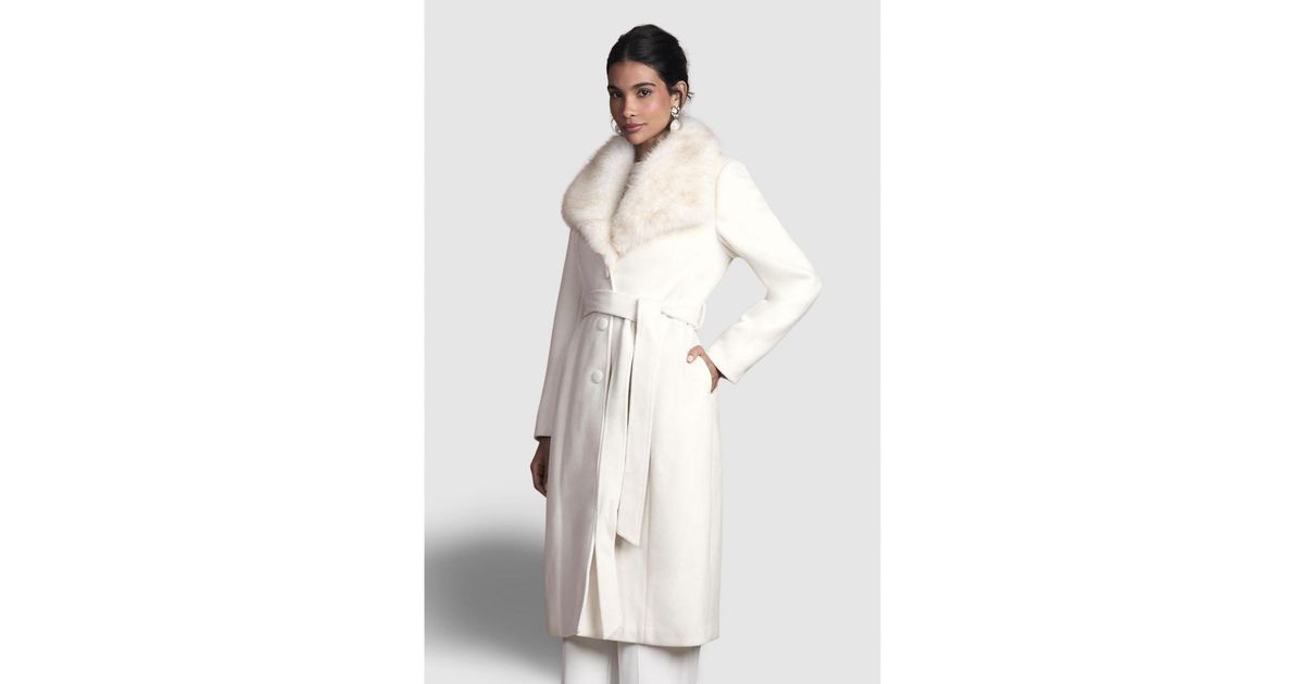 Coast Faux Fur Collar Belted Midi Coat in White | Lyst