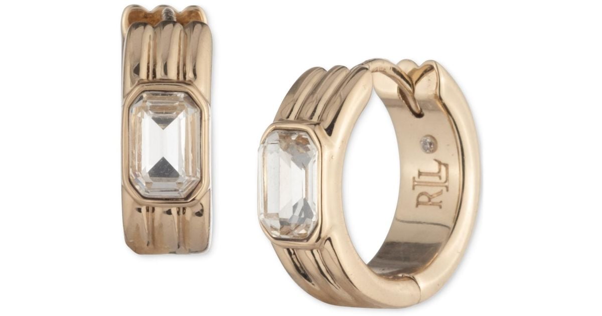 Ralph Lauren Gold-tone Extra-small Crystal Ribbed Hoop Earrings in ...