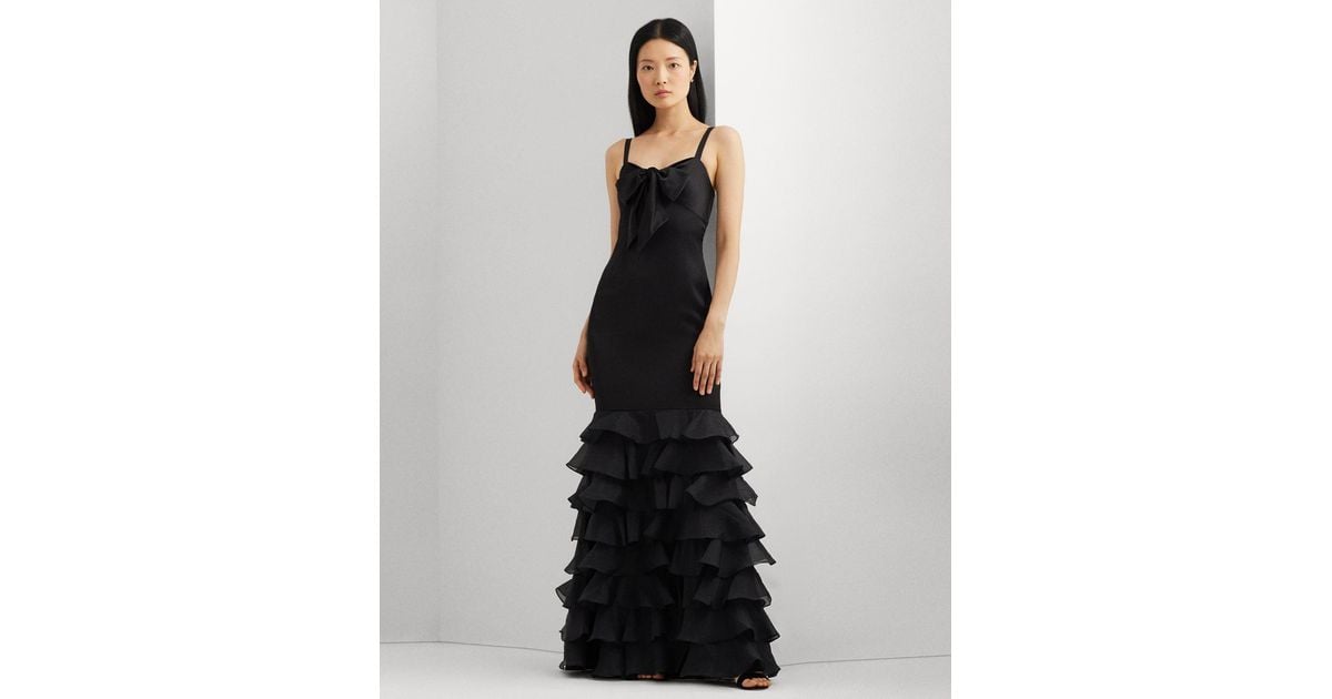 Ralph Lauren Satin Tiered Ruffled Gown in Black | Lyst