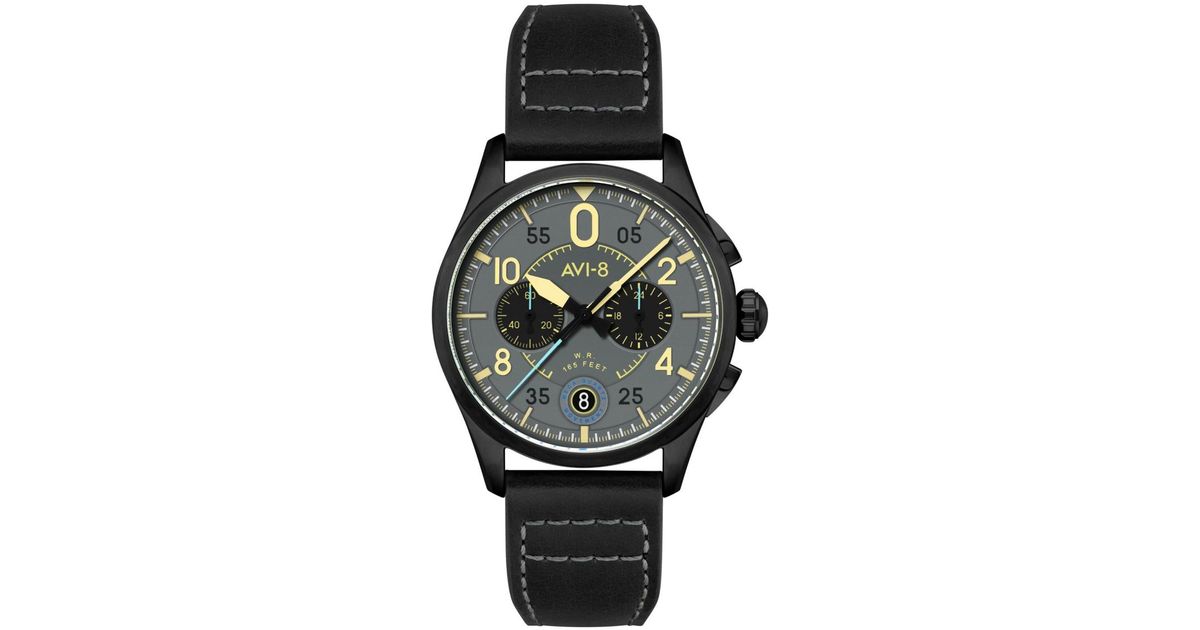 AVI-8 Spitfire Lock Chronograph Black Leather Strap Watch in Gray for ...