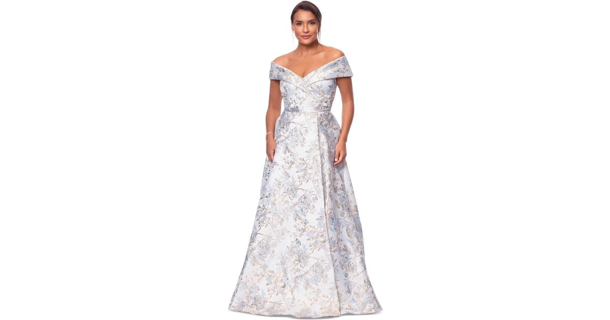 Xscape Petite Off-the-shoulder Metallic Jacquard Gown in White | Lyst