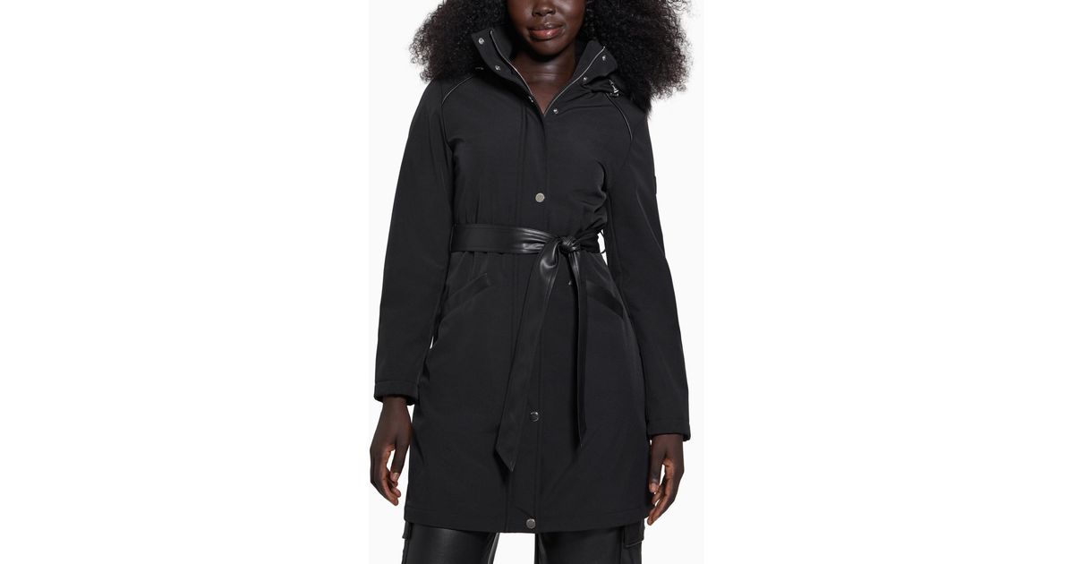 Guess Faux-fur-trim Hooded Belted Raincoat in Black | Lyst